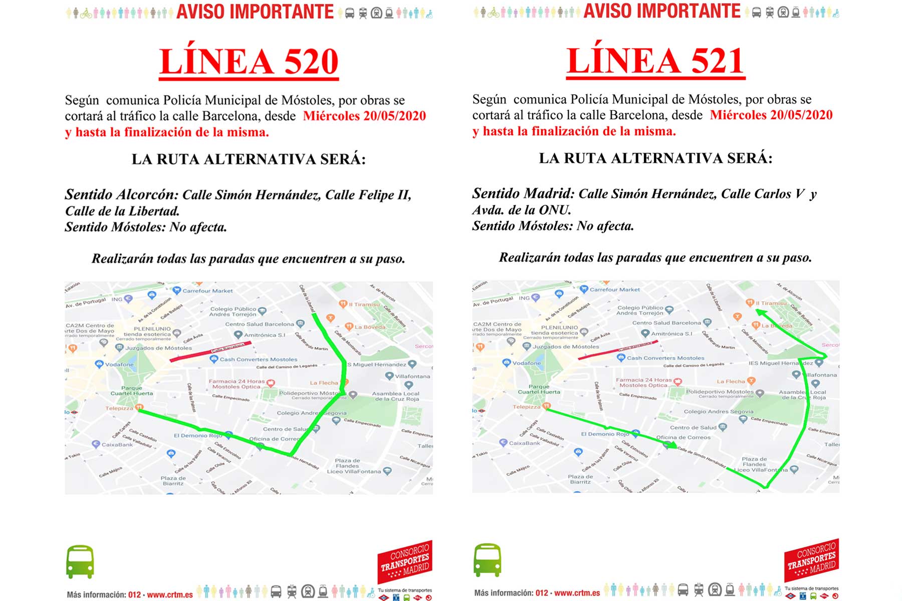 Desvío de las líneas de autobús 520 y 521 por obras en calle Barcelona ...